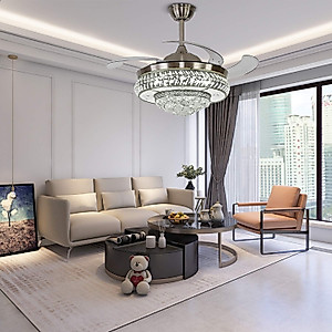 YIYIBYUS Modern Retractable Crystal Ceiling Fan with Light and Remote Control Ceiling Fan Dimmable 3 Speed Timing Smart Ceiling Fan Chrome Silver for Living Room,Bedroom (Silver, 42 inch)