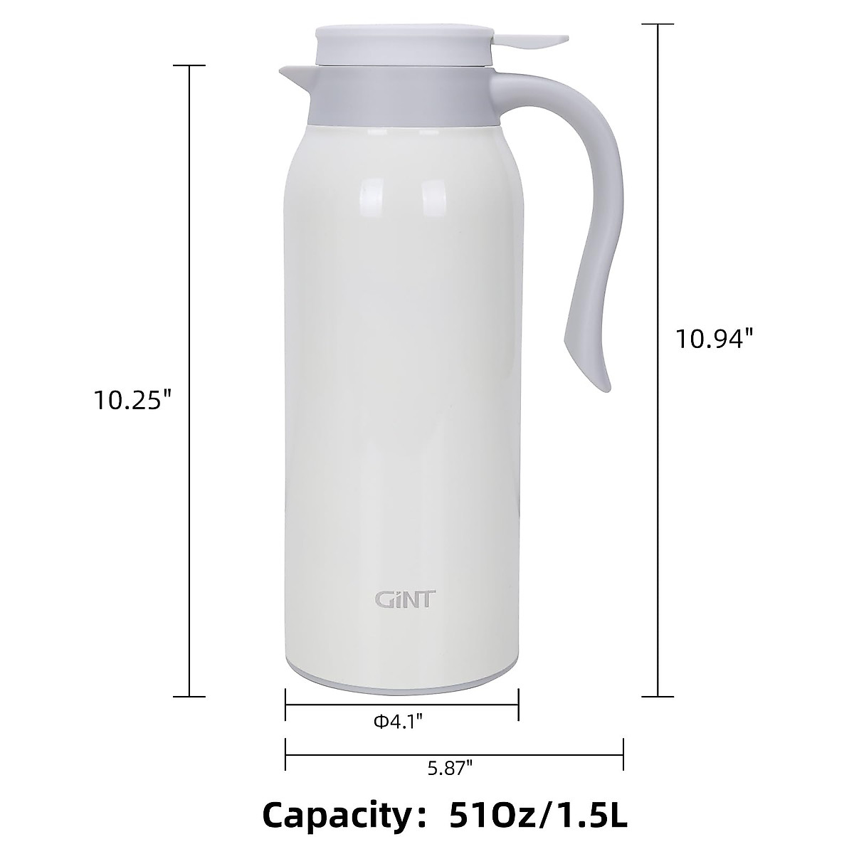 GiNT 51 Oz Stainless Steel Thermal Coffee Carafe, Double Walled Vacuum Thermos, 12 Hour Heat Retention, 1.5 Liter Tea, Water, and Coffee Dispenser (Upgraded version White)