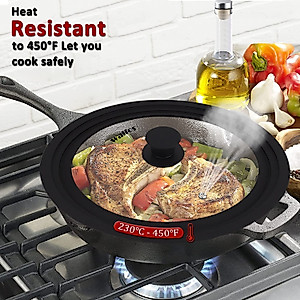 Universal Lid for Pots, Pans and Skillets Fits 10.5", 11.5" and 12" Diameter Cookware - Walfos Tempered Glass Pan Lid with Heat Resistant Silicone Rim, BPA Free Large Pot Lids, Dishwasher-Safe, Black