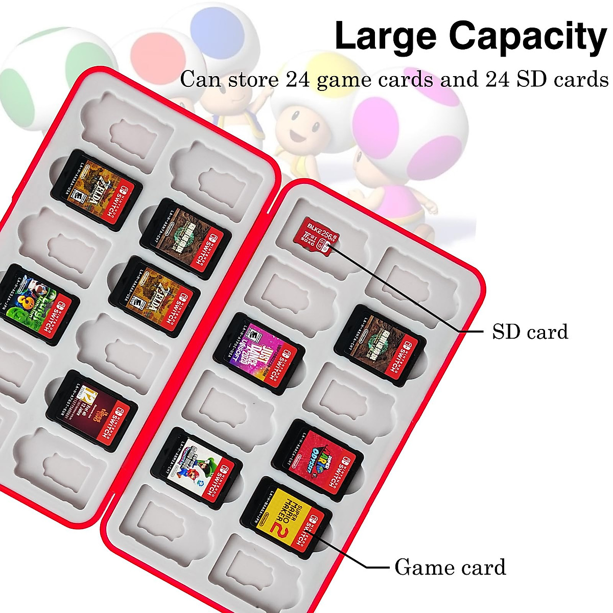 TIKOdirect Game Card Case for Nintendo Switch/SD Cards, Storage 24 Switch Game Cards Portable Holder Pretty Cute Hard Shell with Magenic Closure, Red