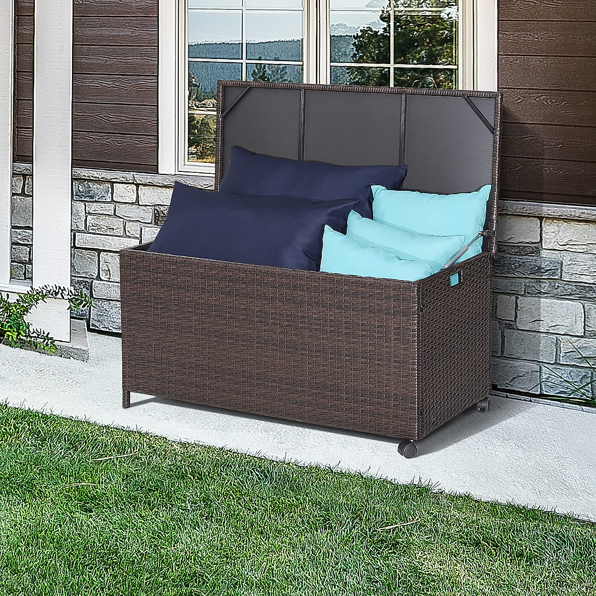 RELAX4LIFE Patio Rattan Storage Box - 50 Gallon All-Weather Wicker Storage Box w/Top Lid, Protective Liner and Wheels, Outdoor Deck Box Waterproof for Cushions, Toys, Garden Tools