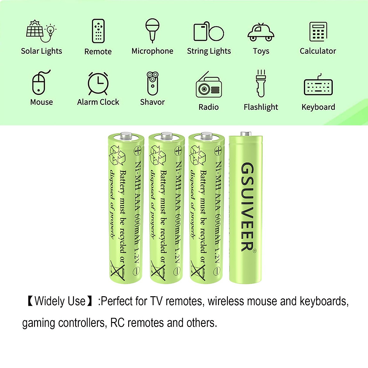 GSUIVEER Rechargeable Solar Light Batteries AAA NiMh 600mAh 1.2V for Outdoor Garden Lights (8 Pack)