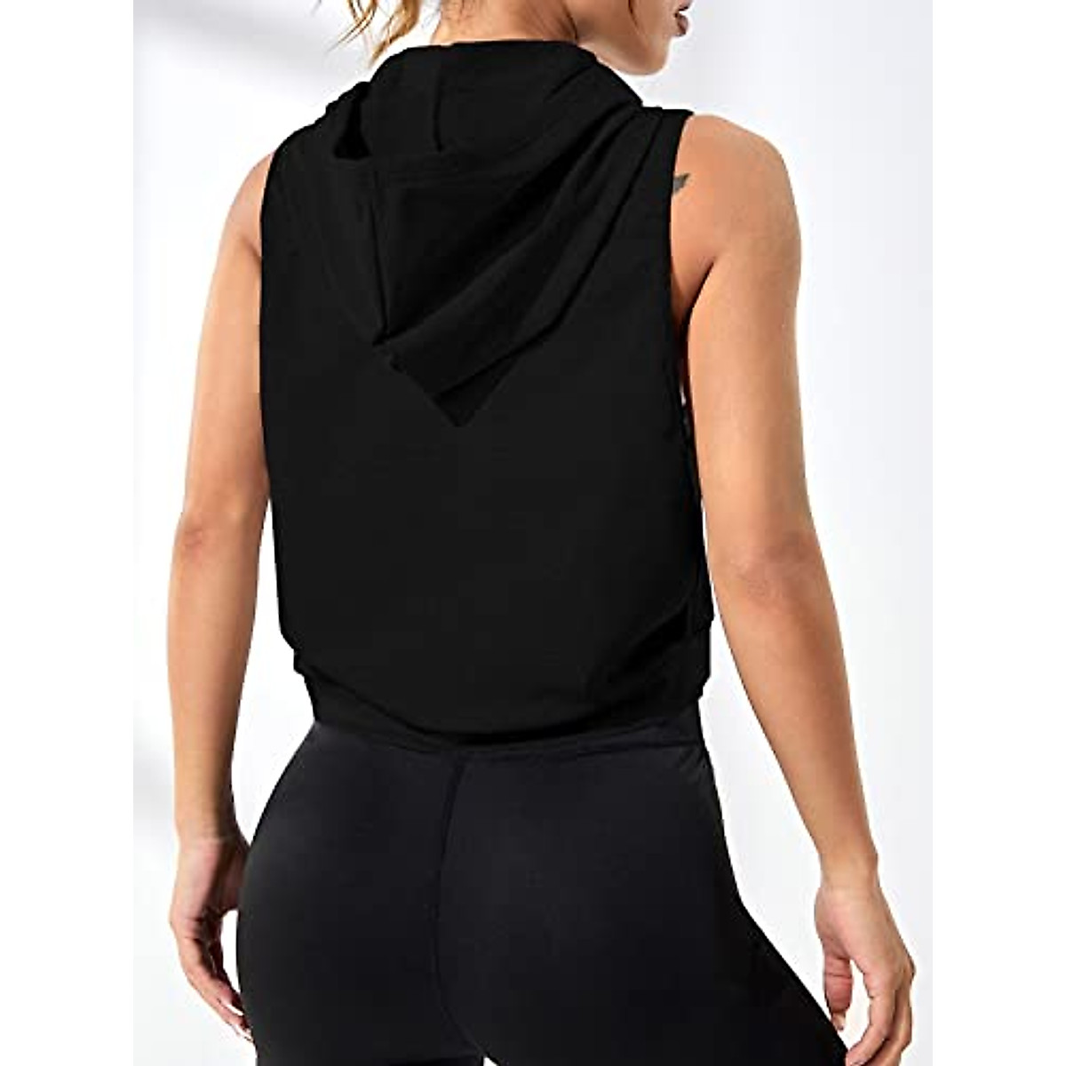 Verdusa Women's Letter Graphic Sleeveless Drawstring Sports Hoodie Workout Shirt Black L