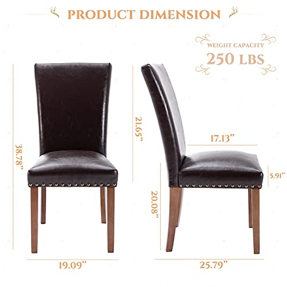 PU Leather Dining Chairs Set of 2, Upholstered Parsons Dining Room Kitchen Side Chair with Nailhead Trim and Wood Legs - Dark Brown