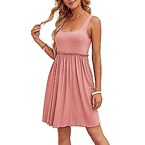 SENSERISE Womens Sleeveless Summer Dress Square Neck Ribbed Knit Sundress Ruffle Flowy Beach Short Mini Tank Dresses(Watermelon Pink,XL)