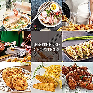 4 Pairs Long Cooking Chopsticks 15.3 Inch Extra Long Stainless Steel Chopsticks with Non Slip Threaded and 16.5 Inch Wooden Noodles Kitchen Cooking Frying Chopsticks (Silver, Wood Color)