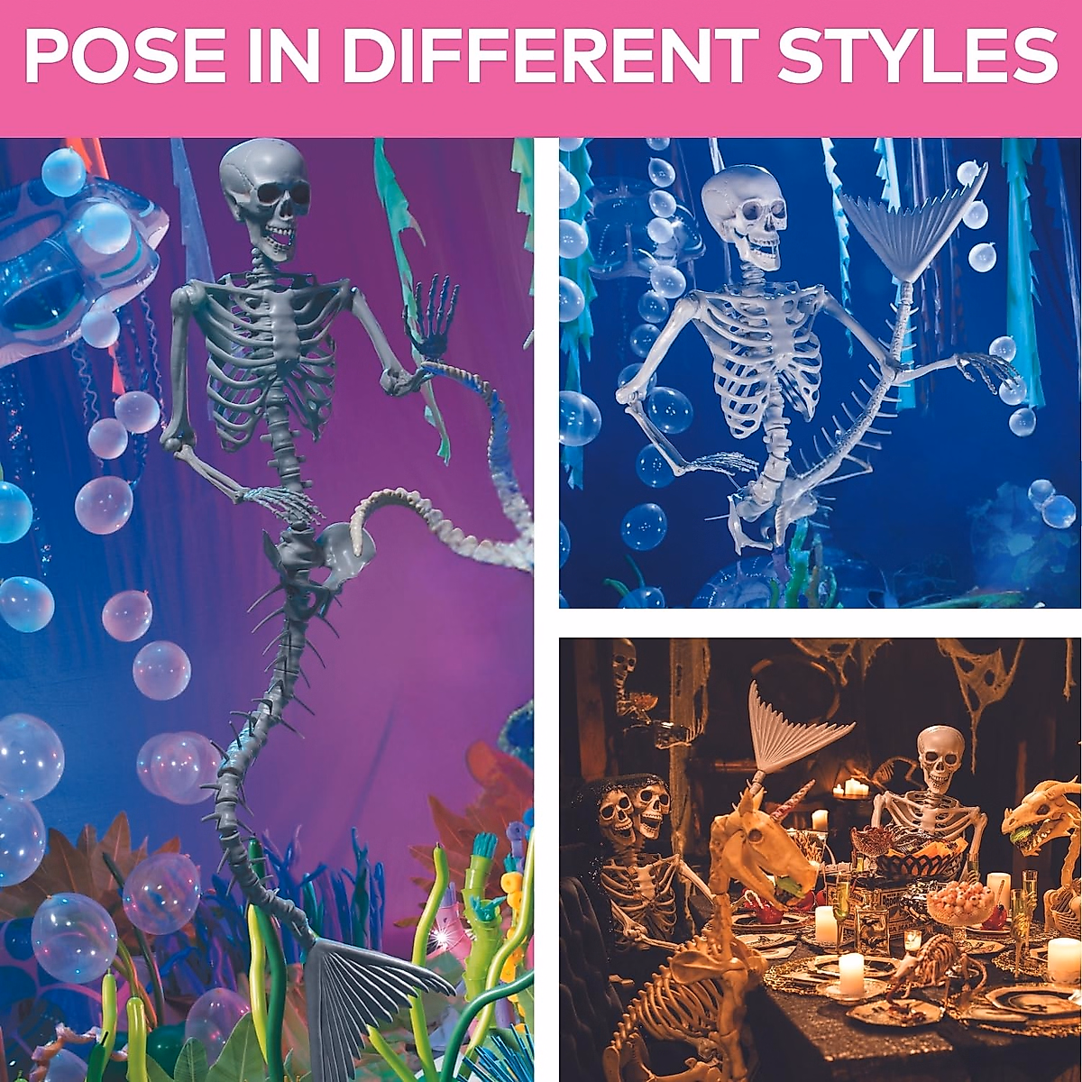 Fun Express 73", 6 Ft, Life Size Original Mermaid Skeleton decor Halloween Decoration, Plastic, Posable, Outdoor and Indoor Use, Halloween and Mystical Decor