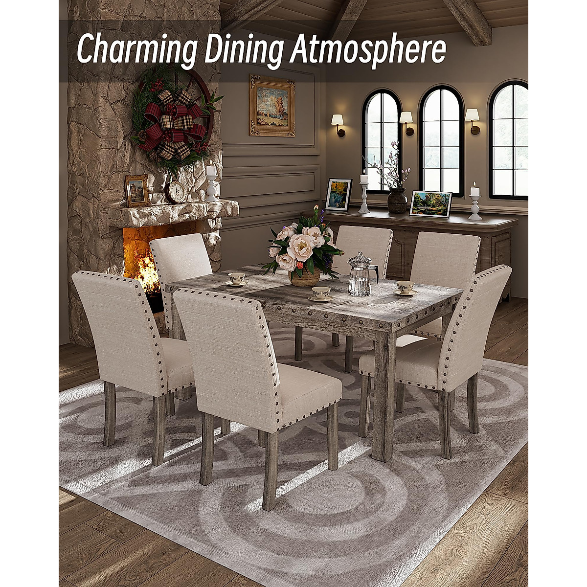 Morden Fort 7 Piece Rustic Wooden Dining Set, Mid-Century Modern Table & Chair Set for Spacious Dining Rooms and Entertaining Guests