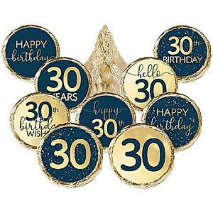 Navy Blue and Gold 30th Birthday Party Favor Chocolate Kisses Candy Stickers - 0.75 in. Round - 180 Labels