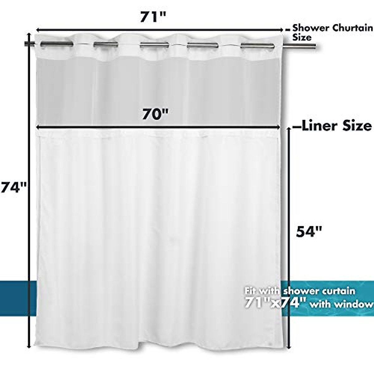 River Dream Snap in Fabric Shower Curtain Liner Replacement - 70W x 54H, White, with Magnets-Detachable Liner…