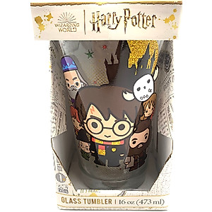 Silver Buffalo Chibi Harry Potter and Friends Boxed Christmas Tumbler Pint Glass - 16 oz - Gold Glitter