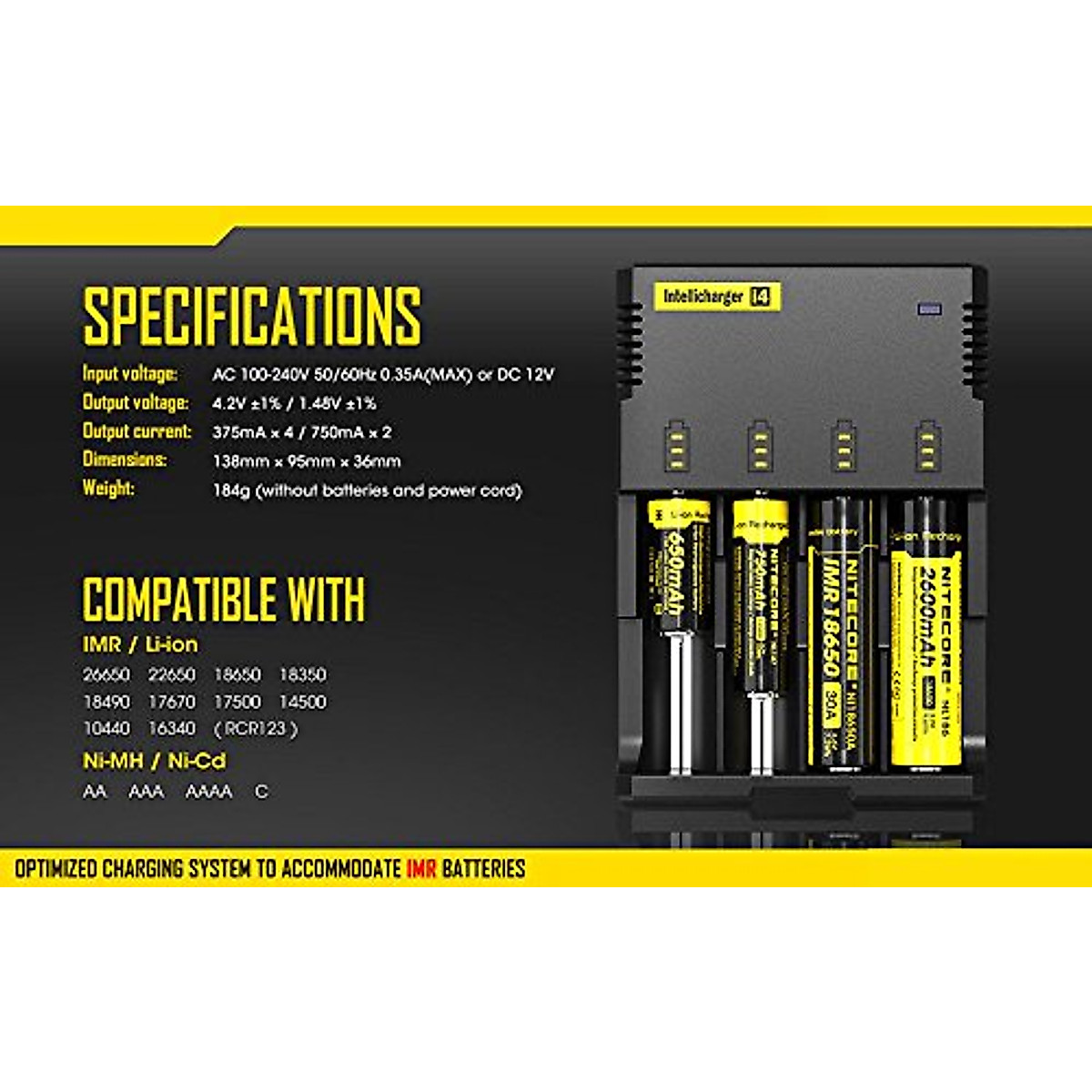 NiteCore Intellicharger New I4 V2 Universal 4 Channel Li-Ion Ni-Cd Ni-MH Smart Charger, Black