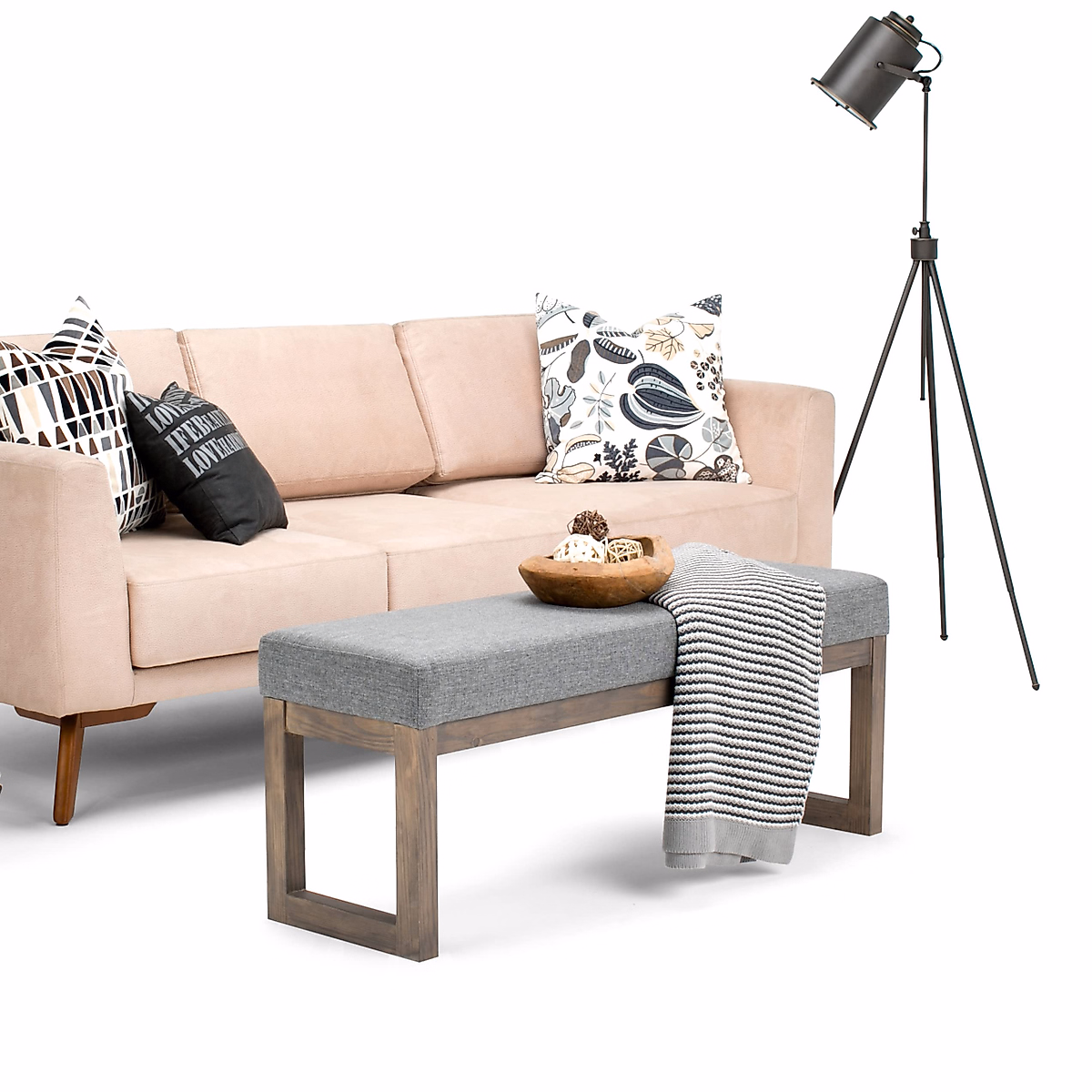 SIMPLIHOME Milltown 45 inch Wide Contemporary Rectangle Large Ottoman Bench in Grey Linen Look Fabric, Assembled, for the Living Room and Bedroom