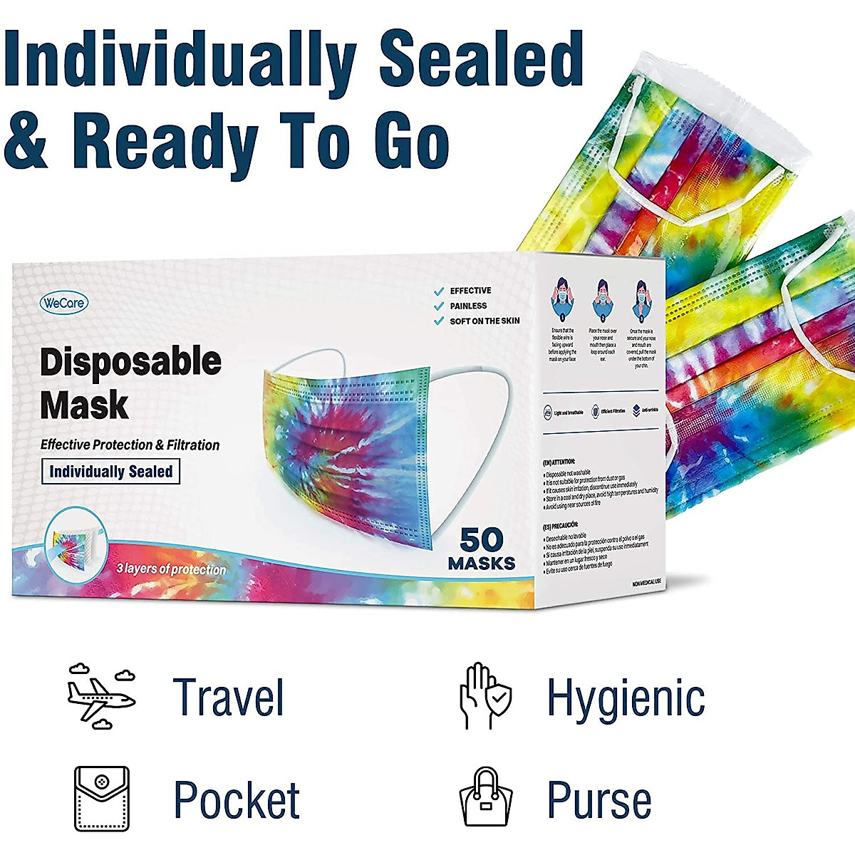 WECARE Disposable Face Mask Individually Wrapped - 50 Pack, Tie Dye Masks 3 Ply
