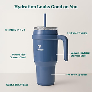 Reduce 40 oz Stainless Steel Tumbler with Handle - Dual-Wall Vacuum Insulated Travel Mug, Sweat-Proof Lid & Reusable Straw - Keeps Drinks Cold for 24 Hrs, Fits Cupholders, Dishwasher Safe-Mineral Blue
