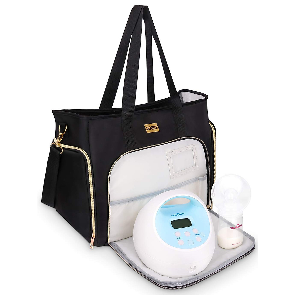 Lunies Breast Pump Bag Diaper Tote Bag, Double Layer Breastmilk Storage Bag for Travel, Large Capacity Baby Diaper Bag, Pumping Bag with Insulated Pockets