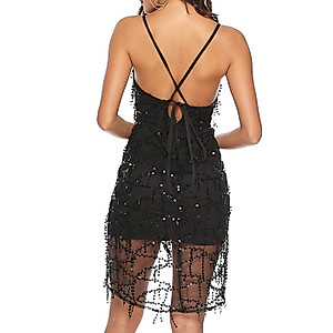 Zshujun 1920s Glitter Fringe Sequin Summer Casual Club Mini Party Dress for Women 2529 (Black, L)