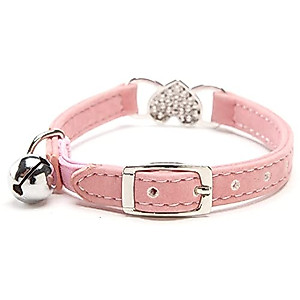 CHUKCHI Pink Soft Velvet Safe Cat Adjustable Collar with Crystal Heart Charm and Bells 8-11 Inches(Black+Pink)