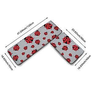 YouTary Cute Red Ladybug Cartoon Pattern Kitchen Rug Set 2 PCS Floor Mats Washable Non-Slip Soft Flannel Runner Rug Doormat Carpet for Floor Home Bathroom, 17" x 47"+17" x 24"-M