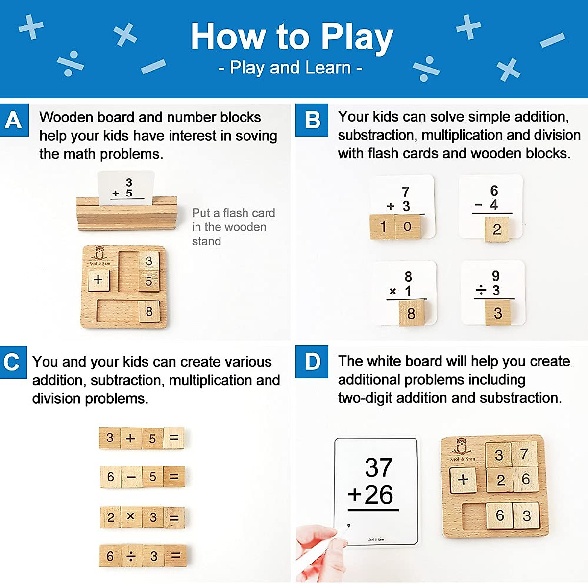 SSol & Sam Educational Math Toys - STEM Counting Toys with Math Flash Cards, Wooden Number Blocks and Boards - Montessori Toys Kindergarten Preschool Kids Ages 4+