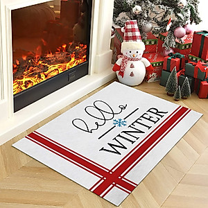 Hello Winter Door Mats, 23.6" x 15.7" Outdoor Indoor Entrance Doormat Welcome Mats, Absorbent Water Non Slip Entryway Rug, Front Doormat Inside Outside, Christmas Snowflake with Holiday Red Stripes