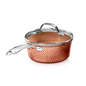 Gotham Steel Nonstick Hammered Copper Collection – 2.5 Quart Sauce Pan with Lid, Premium Cookware, Aluminum Composition with Induction Plate for Even Heating, Dishwasher & Oven Safe
