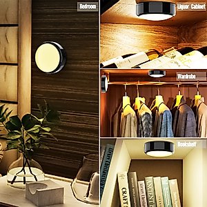 HELPLEX Puck Lights with Remote, Colors Changeable LED Puck Light Battery Powered Dimmable Under Cabinet Lights Wireless Under Counter Light RGBW Push Light, Timing & Memory Function, Black, 6 Pack