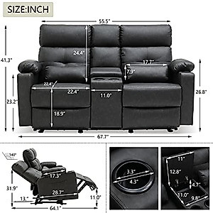 Consofa 68'' Loveseat Recliner, Power Reclining Loveseat, PU Leather Reclining Loveseat with Console, Recliner Loveseat with Heat and Massage, Cup Holders, Lumbar Support for Living Room