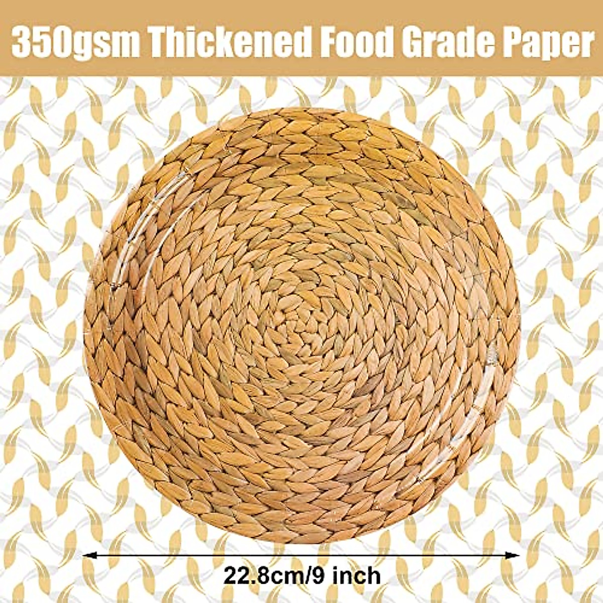 peony man 50 Pack Woven Paper Plates Rattan Printed Disposable Plates Farmhouse Party Dinner Plates Rustic Round Paper Plate 9 Inch for Picnic Dining Wedding Kitchen Home Table Decor