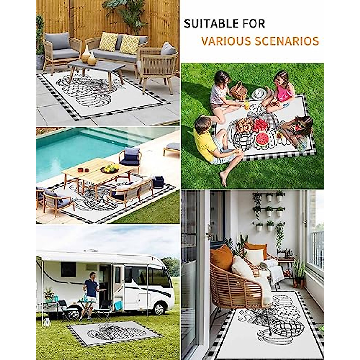 Outdoor Rug 4' x 6', Fall Thanksgiving Large Area Rugs for Patio/RV/Deck/Porch/Indoors, Black and White Checkered Pumpkin Water Absorption Camping Rug Carpet, Lightweight Washable Rug Runners