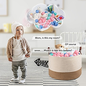 Extra Large Cotton Rope Basket KRUIO Collapsible Woven Laundry Basket with Handles for Laundry, Nursery, Toys, Towels, Blankets and Pillows Even More, Rope Storage Basket(20”x13”, Beige/Hemp Yellow)