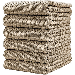 Premium Kitchen Towels (16”x 25”, 6 Pack) | Large Cotton Kitchen Hand Towels | Dish Towels | Diagonal Weave Design | 445 GSM Highly Absorbent Tea Towels Set with Hanging Loop | Tan