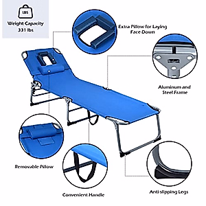 GYMAX Tanning Chair, Beach Lounge Chair with Face Hole, 5 Level Adjustable Backrest, Removable Pillow & Carry Handle, Adult Layout Sunbathing Chair for Outside Beach Poolside Lawn Patio (1, Blue)