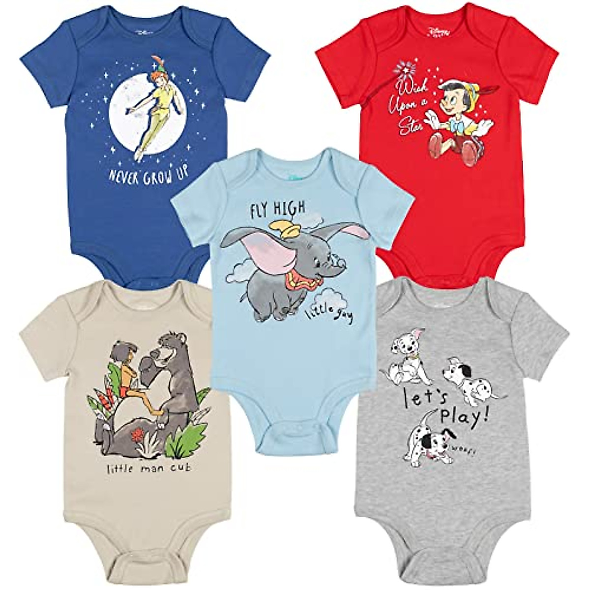 Disney Classics 101 Dalmatians Dumbo Peter Pan Pinocchio Baby Boys 5 Pack Bodysuit 3-6 Months