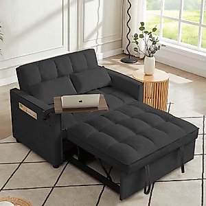 Antetek 3 in 1 Convertible Sofa Bed w/360° Rotating Side Table, 47" Modern Velvet Loveseat Sofa, Small Sleeper Pullout Bed w/Adjustable Backrest for Living Room Apartment, Office, Small Space, Black