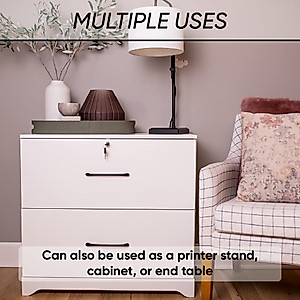 JRA products File Cabinet with Lock | 2 Drawers Wooden Lateral Storage Filing Cabinet with Anti-Tilt Mechanism with 8 Hanging Bars for Letter, Legal, F4 and A4 Size Files for Home Office White