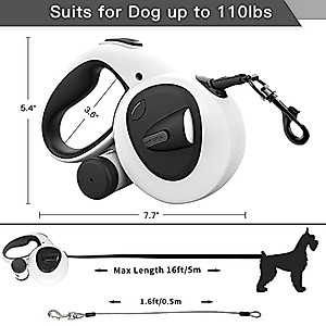 Retractable Dog Leash with LED Flashlight & Poop Bag Holder, 16FT Heavy Duty Leash with Chew Proof Cable for Large Medium Small Dog up to 110lbs, Anti-Slip Soft Handle, 360° Tangle-Free White/Black