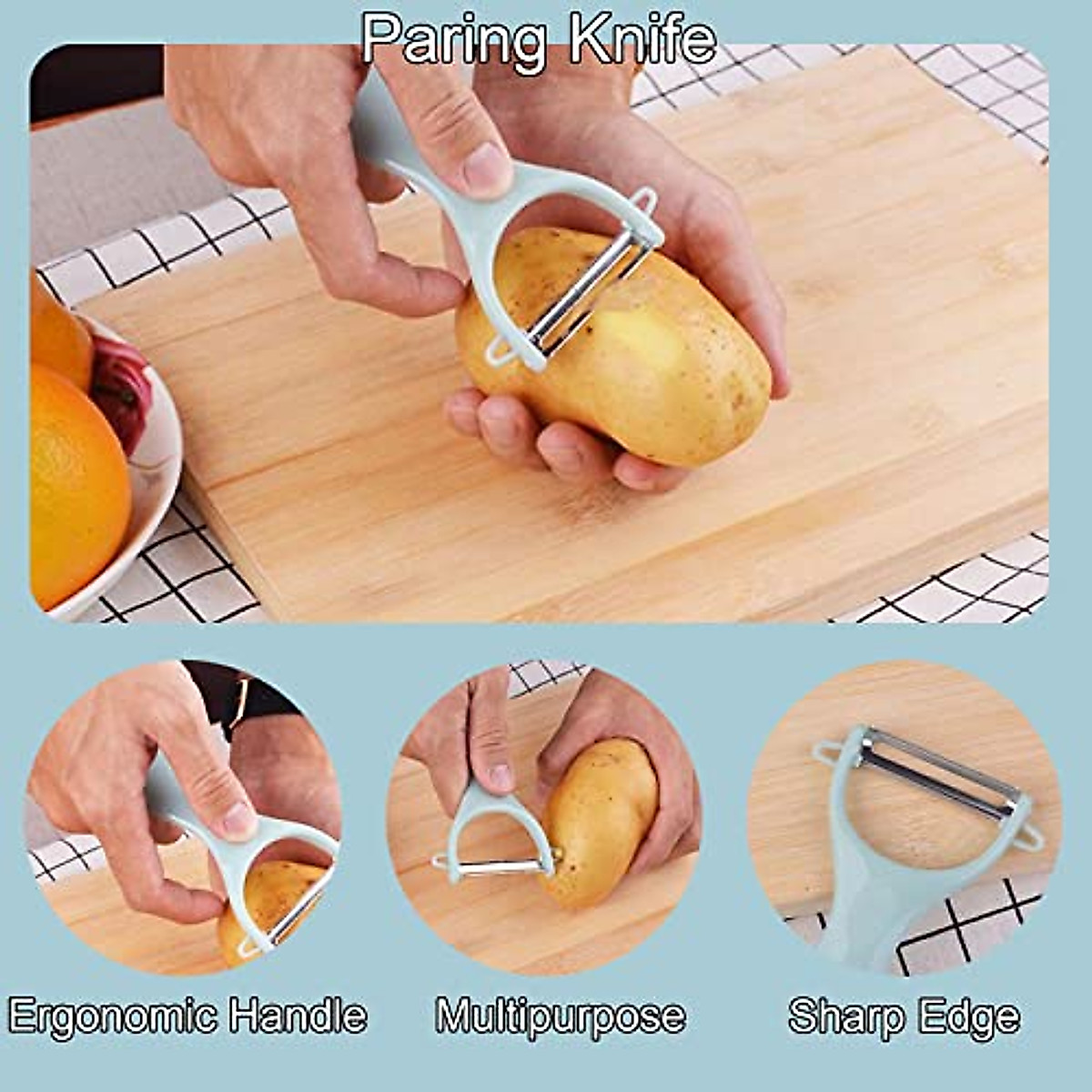 Magicorange Travel Cutting Board Set, 3 Pcs Portable Mini Camping Plastic Cutting Board Set & Stainless Steel Knife with Sheath, Fruits & Vegetable Peeler Scissors (Blue)