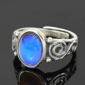 FUN JEWELS 925 Sterling Silver Multi Color Change Oval Stone Mood Ring With Intricate Design Size Adjustable Gift for Women