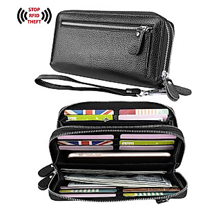 YALUXE Women's Double Zipper Leather Wristlet Wallet Cell Phone Purse Card Holder RFID Blocking