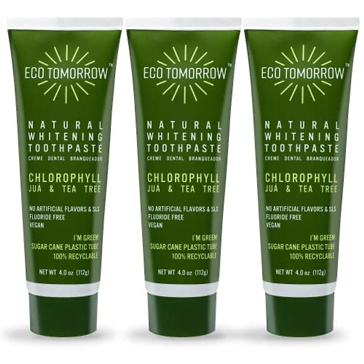 EcoTomorrow Tea Tree Chlorophyll Whitening Toothpaste with Peppermint Essential Oil and Natural Juá - Fluoride Free, Plant Based, Vegan - 4.0oz (Pack of 3)