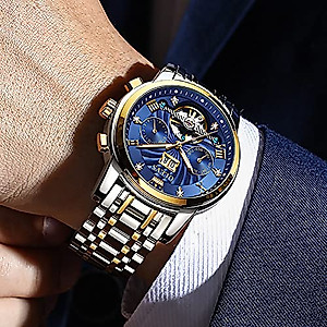 OLEVS Men Automatic Watch Skeleton 5 Hands Mechanical Blue Classic Luxury Multi Calendar Stainless Steel Waterproof Wrist for