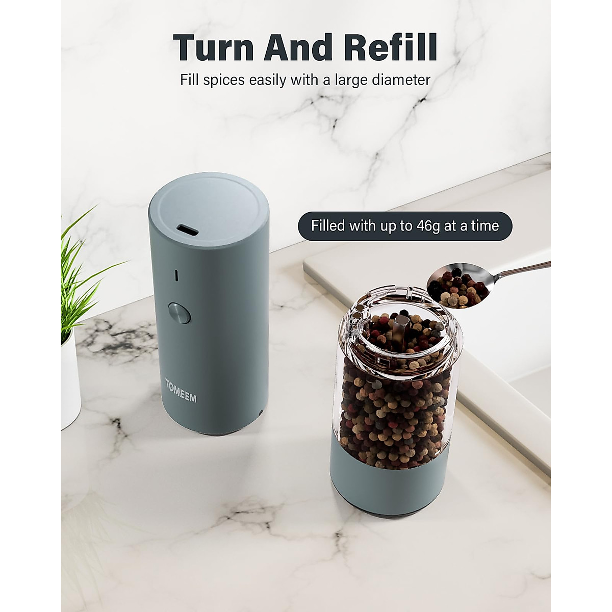 Upgraded Larger Capacity: Electric Salt and Pepper Grinder Set Rechargeable with LED lights, Stainless Steel Automatic Pepper and Salt Grinder Refillable with 6 Adjustable Coarseness