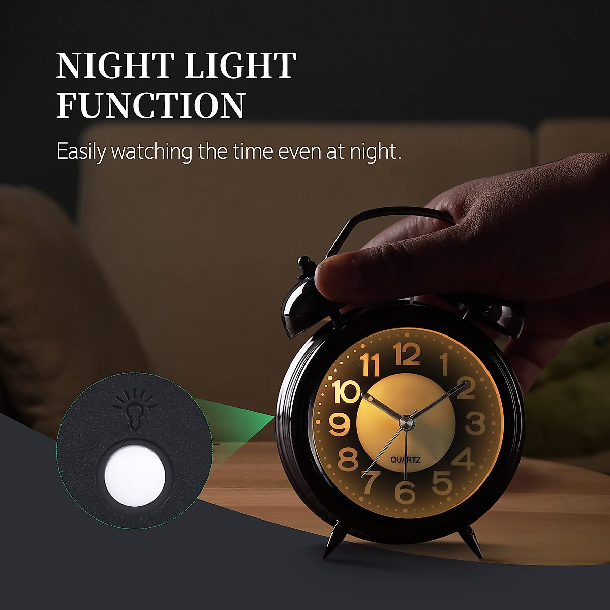 Super Loud Alarm Clock for Heavy Sleepers,4 inches Twin Bell Alarm Clock with Backlight,Battery Operated,Silent Non Ticking,for Kids,Adults,Bedrooms,Retro Decor Desk Analog Clocks.. (Noctilucent)