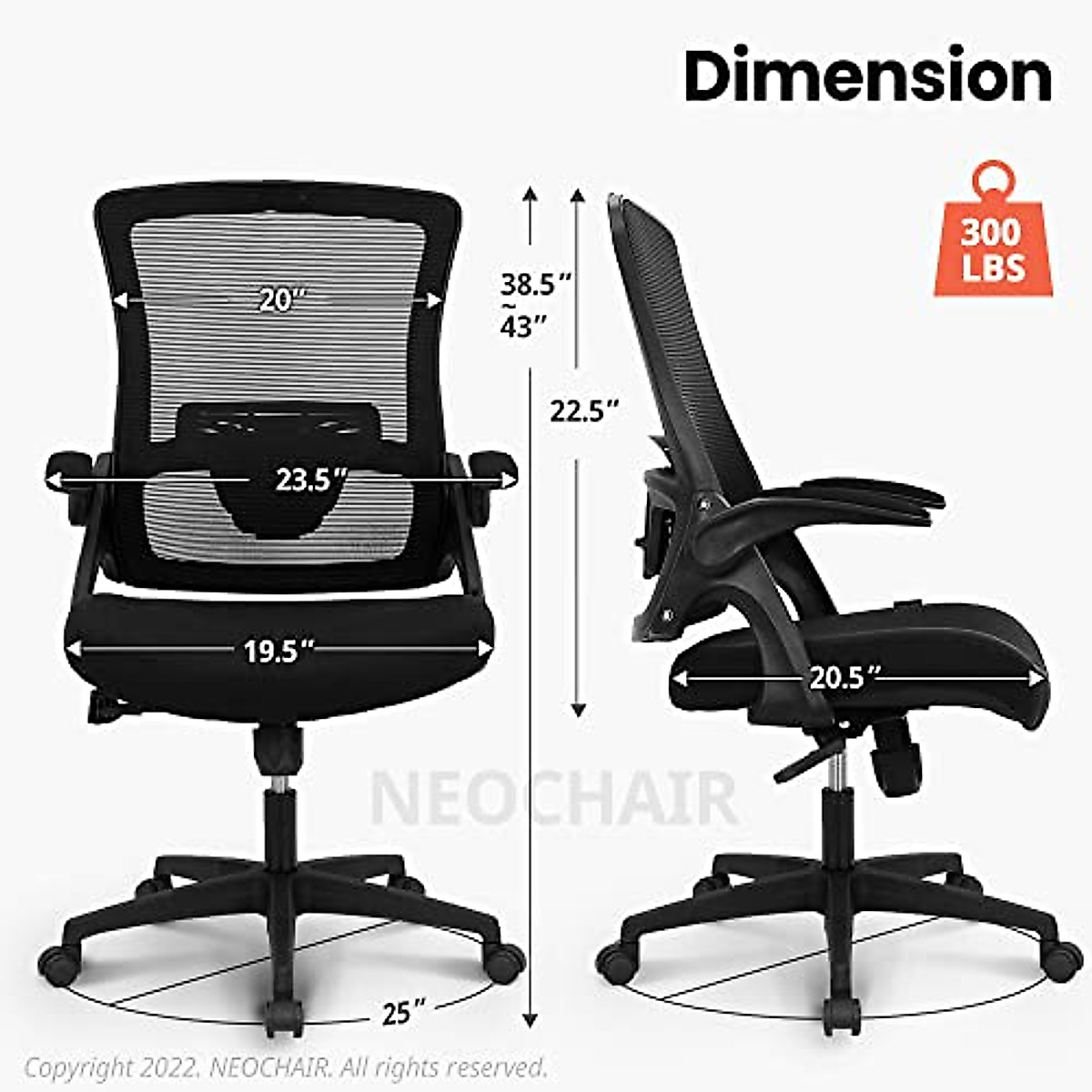 neo chair High Back Mesh Chair Adjustable Height and Ergonomic Design Home Office Computer Desk Chair Executive Lumbar Support Padded Flip-up Armrest Swivel Chair (Black)