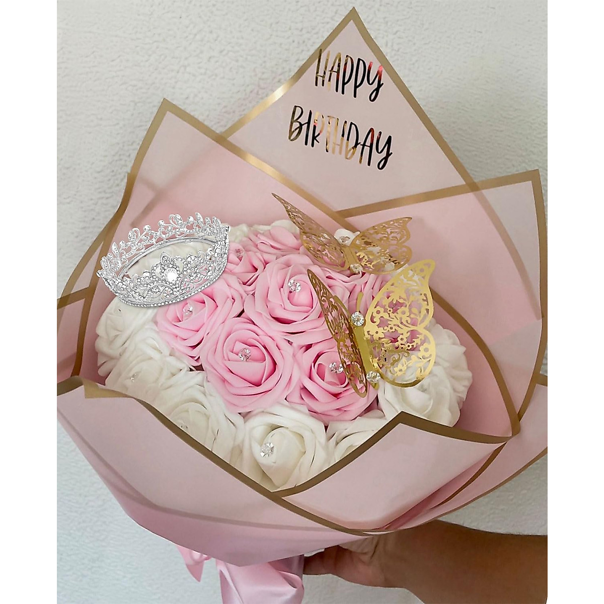 Wecoe Small Silver Crown Tiara Flower Bouquets Accessories Mini Crown Birthday Princess Crown Cake Decorations Wedding Hair Accessories Ornaments Gifts