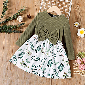 PATPAT Baby Toddler Floral Print Bowknot Dress Colorblock Round Neck Long Sleeves Dress for Girls
