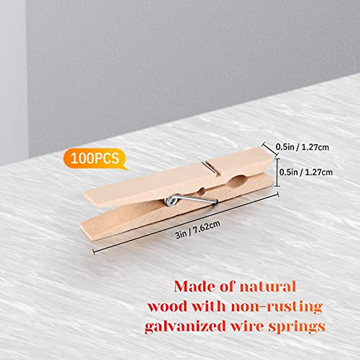 Clothes Pins Bag Holder Laundry Canvas Clothespin Bag with Hanging Hook, 100 Pieces 2.8 x 0.4 Inch Large Wooden Clips Wood Clothespins with Spring for Line-Drying