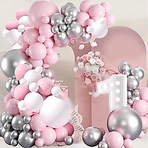 Felice Arts Birthday Baby Shower Balloon Arch Pink and White Different Size Balloons Garland Kit Latex Balloons Silver Chrome Balloons for Wedding Bridal Baby Shower Party Decoration