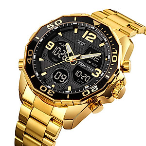 VIGOROSO Mens Watches Multi Times Military Gold Watch Chronograph Digital Analog Stainless Steel Wrist Watch for Men/Gents Waterproof